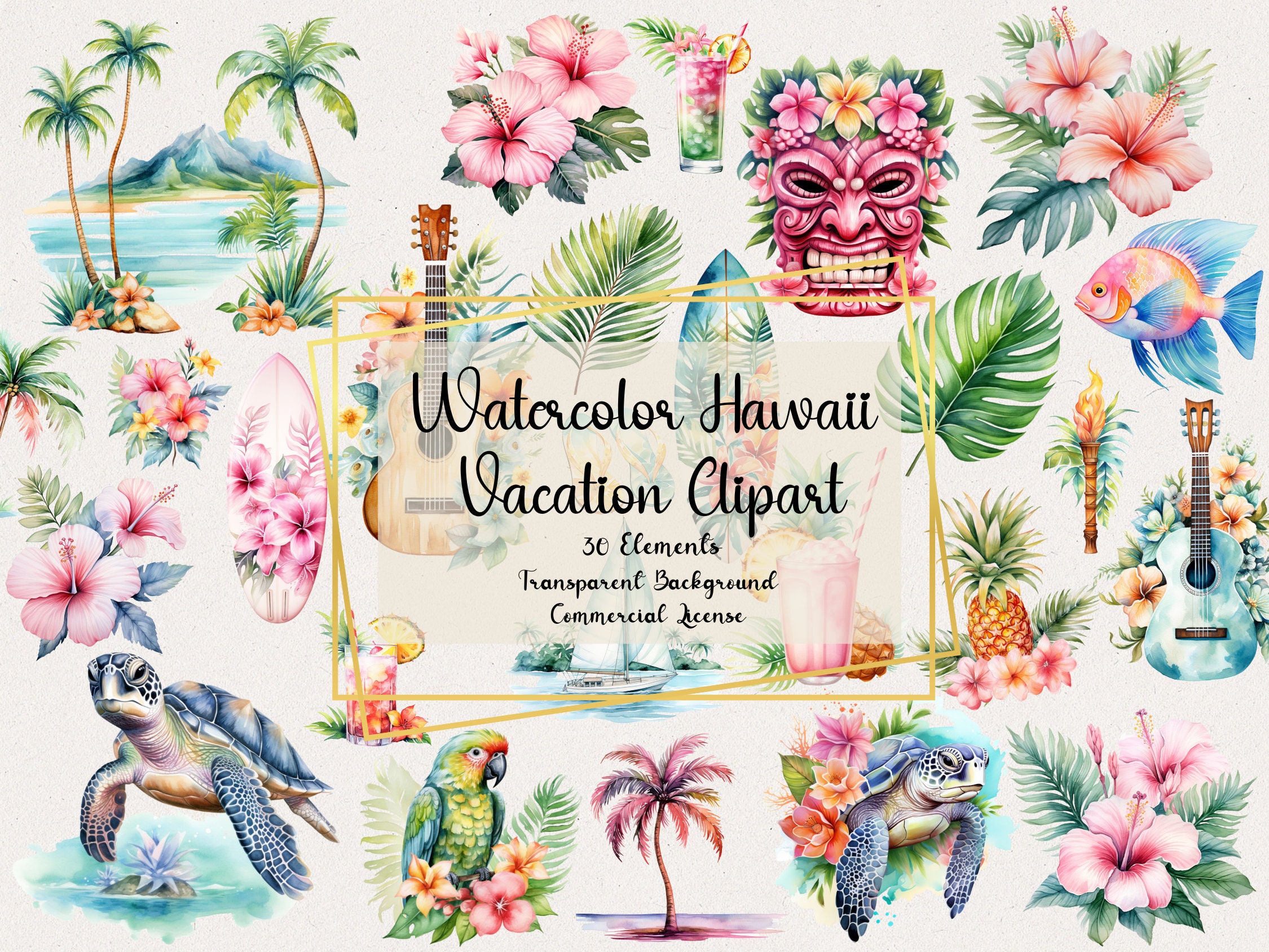 30 Watercolor Hawaii Clipart Bundle, Summer Tropical Island Clip Art ...