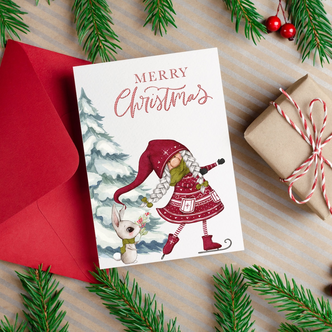 Cute Red Gnome Merry Christmas Card, Printable Gnome Christmas Card ...