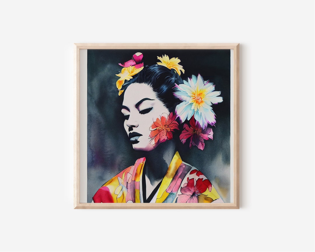 Printable Digital Ink Drawing of Woman With Colorful Flowers in Her ...