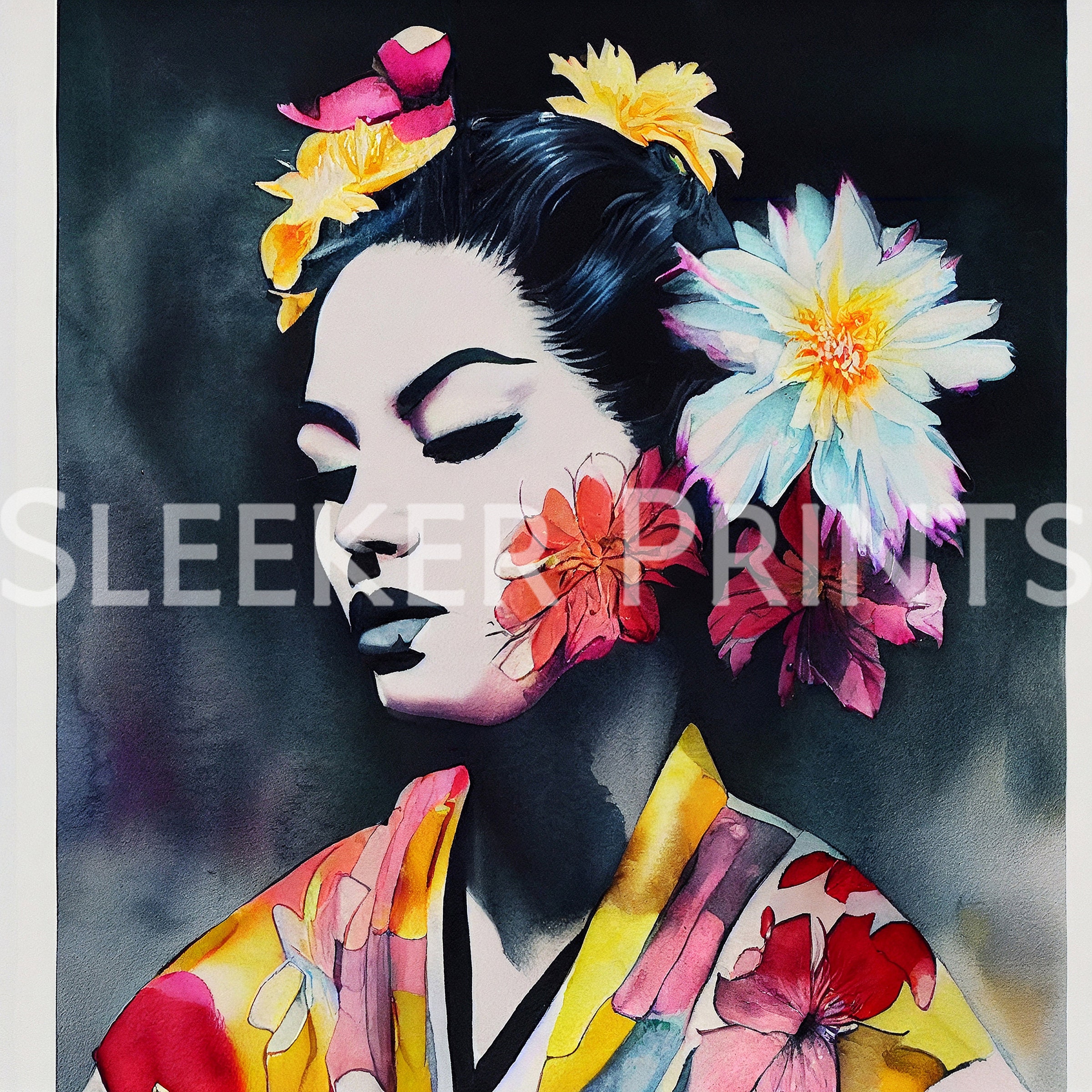 Printable Digital Ink Drawing of Woman With Colorful Flowers in Her ...