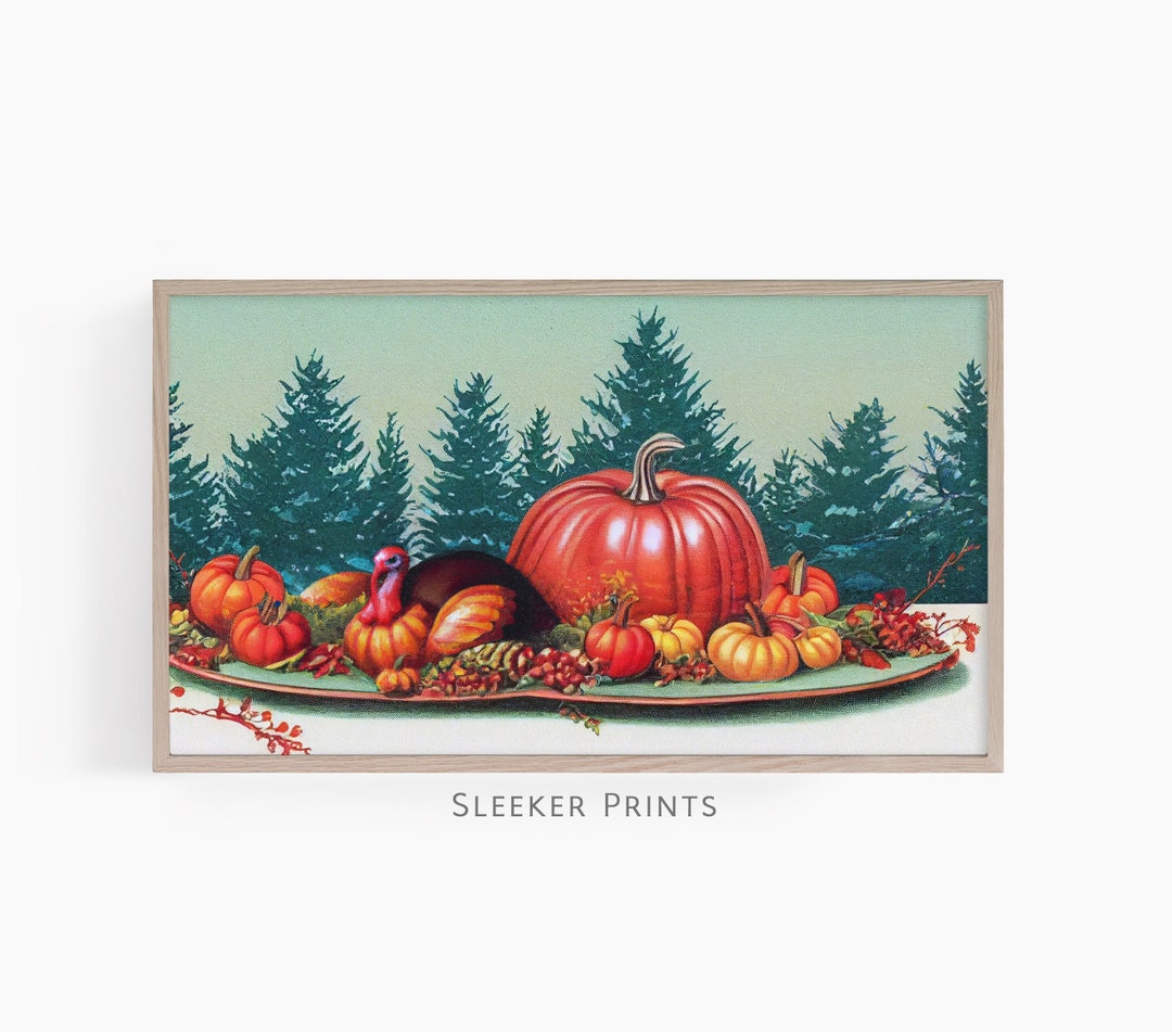 Thanksgiving Art for Tv, Pumpkins and Turkey Frame Tv Art, Emerald ...