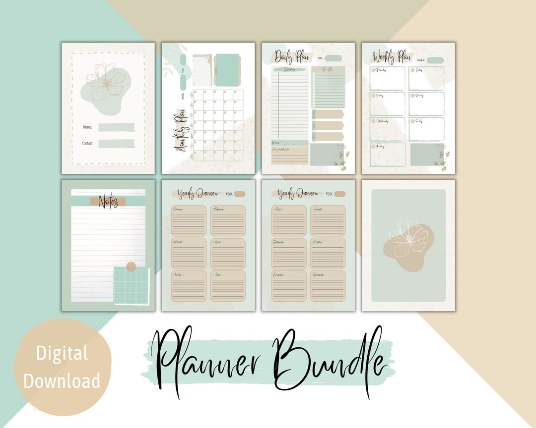 Green Beige Blue Digital Daily Monthly Weekly Planner Undated Bundle ...