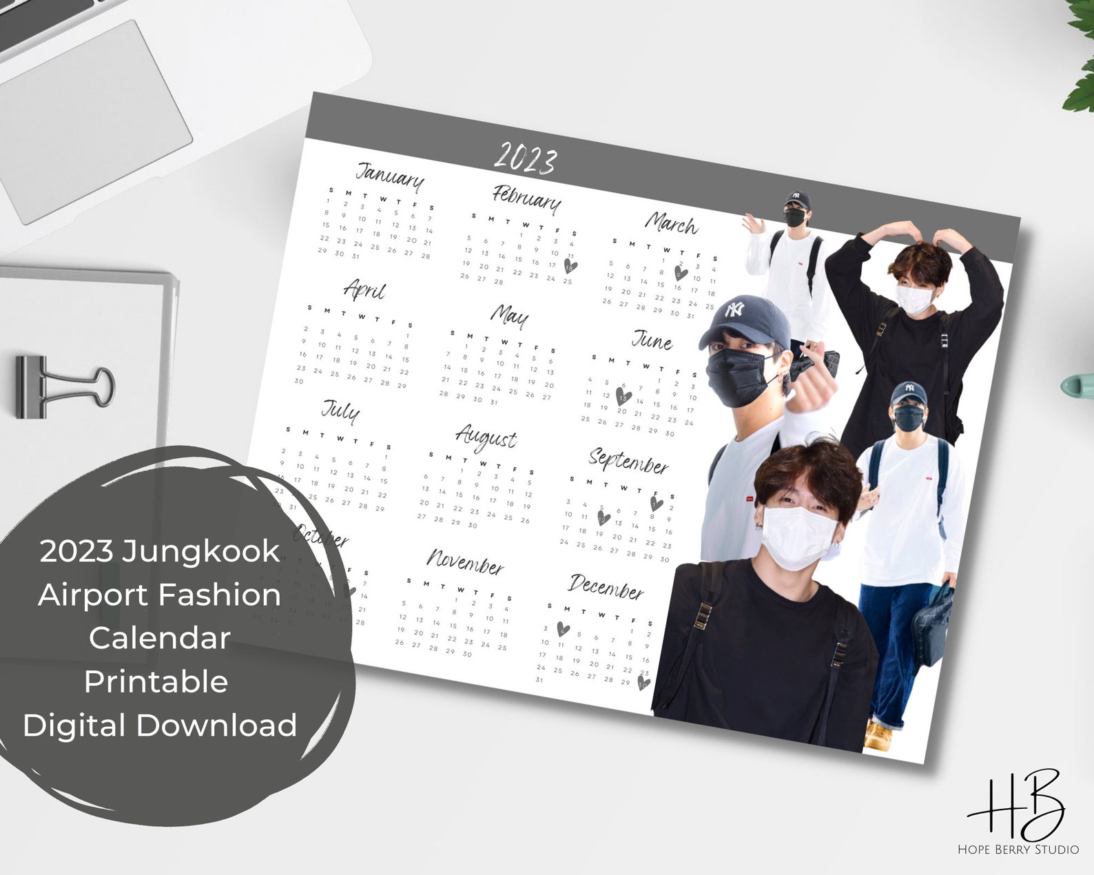 2023 BTS Jungkook Airport Fashion Calendar, Year at A Glance, Landscape ...