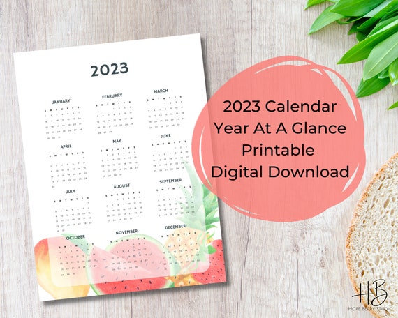 2023 Calendar Year at A Glance Tropical Fruit Calendar A4 - Etsy