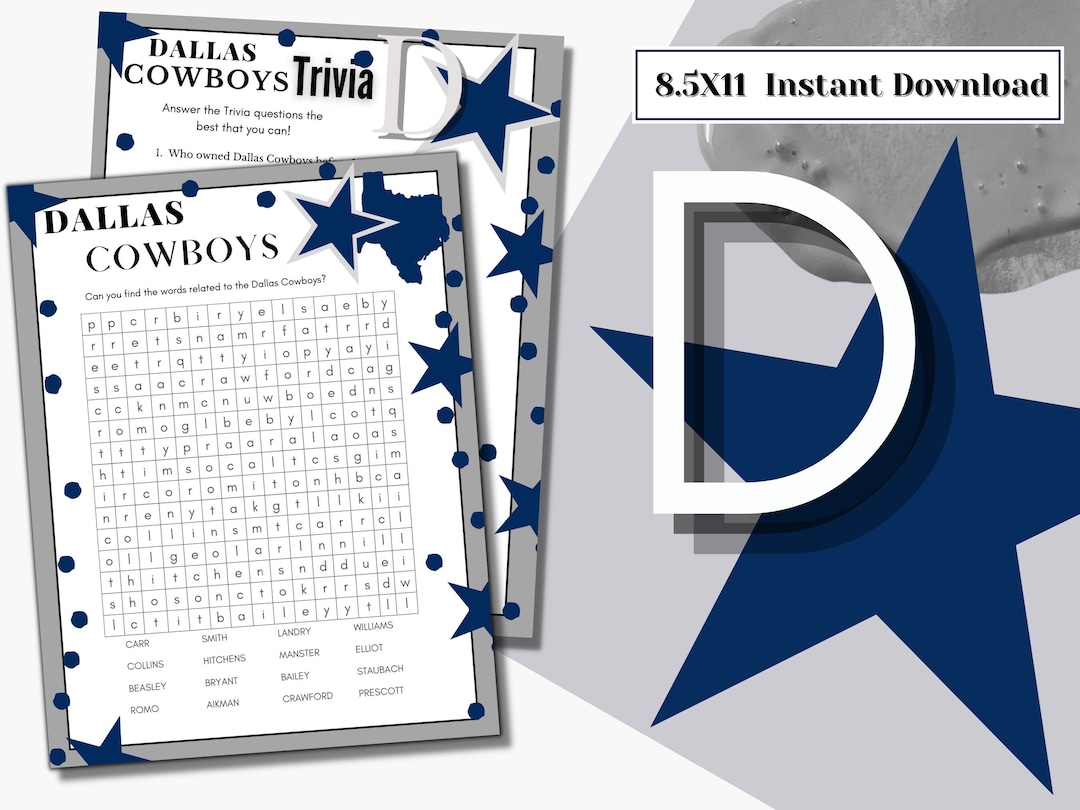 Dallas Cowboy Inspired Trivia & Word Search Word Search Game Football ...