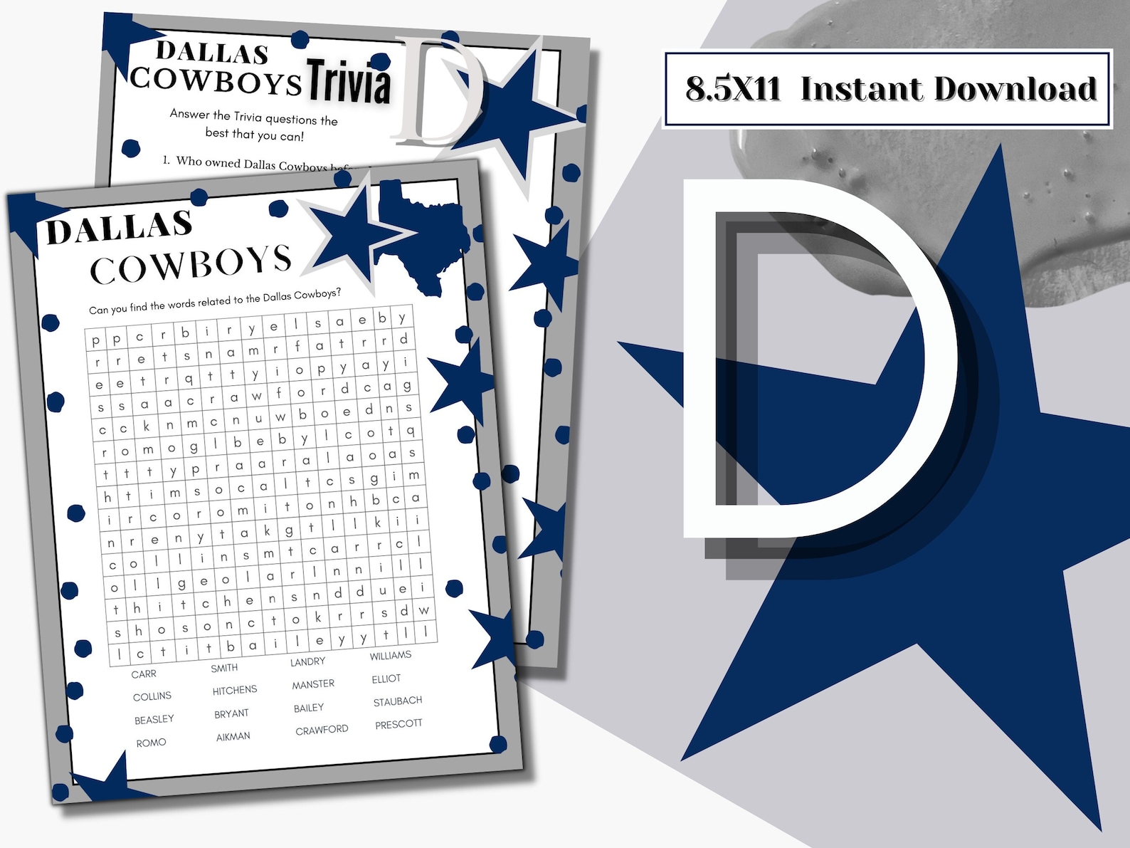 Dallas Cowboy Inspired Trivia & Word Search Word Search Game Football ...