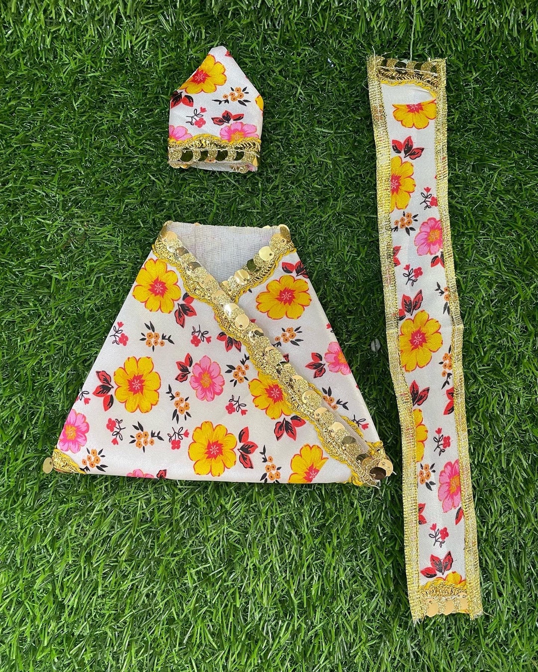 Pretty Sai Baba Dress / Shawl , Cap and Patka Set / Flower Print Satin ...