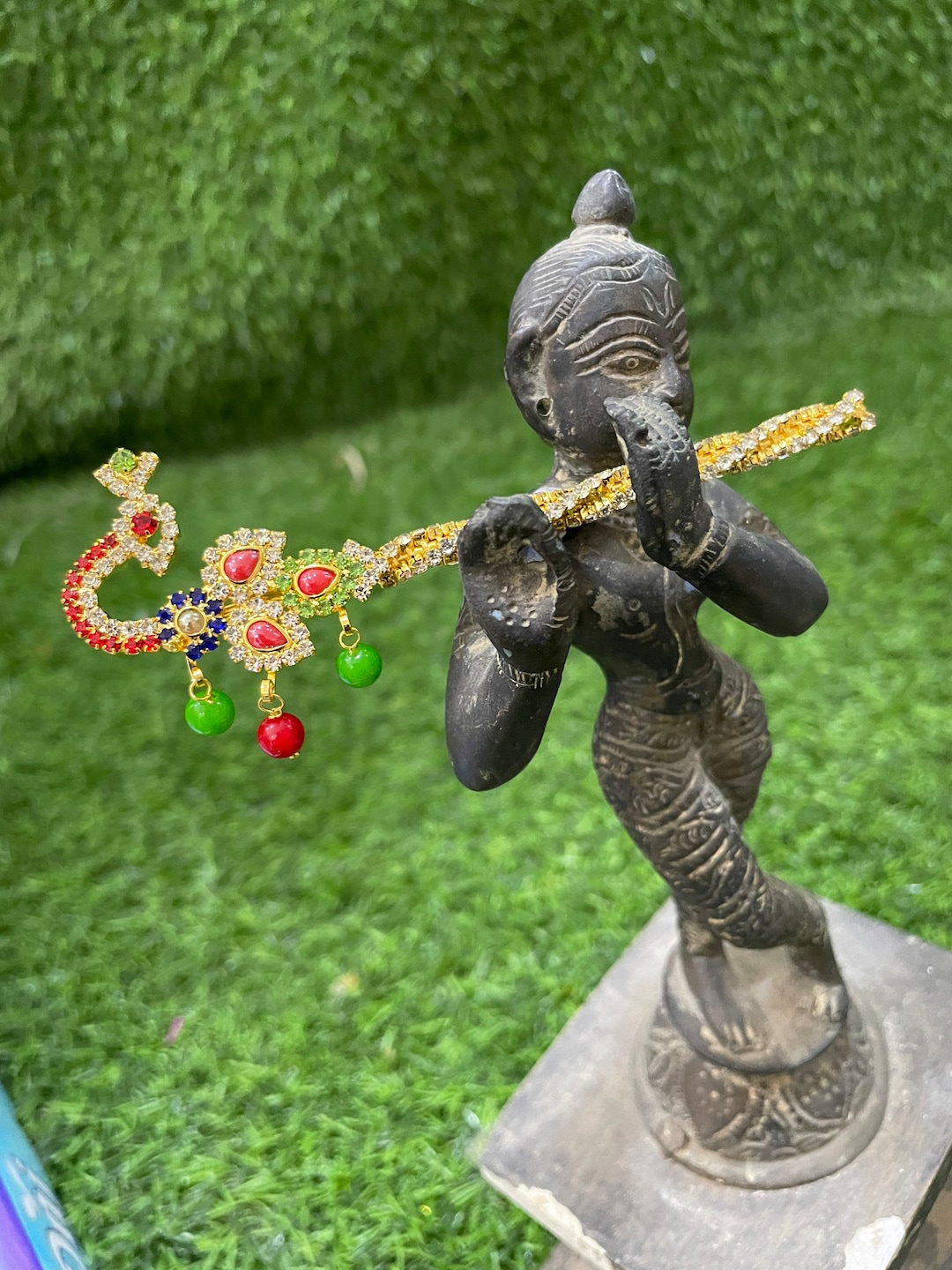Stone Embellished Colorful Flute for Krishna / 4 Inch Long Bansi ...