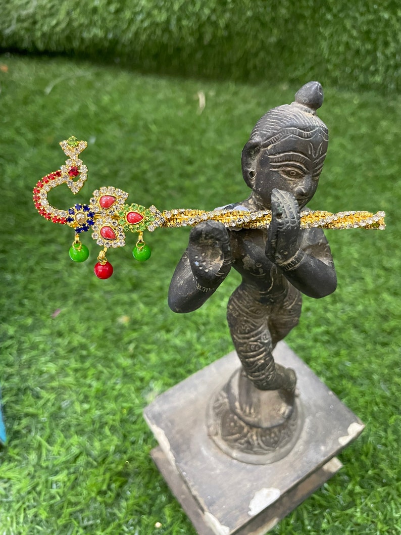 Stone Embellished Colorful Flute for Krishna / 4 Inch Long Bansi ...