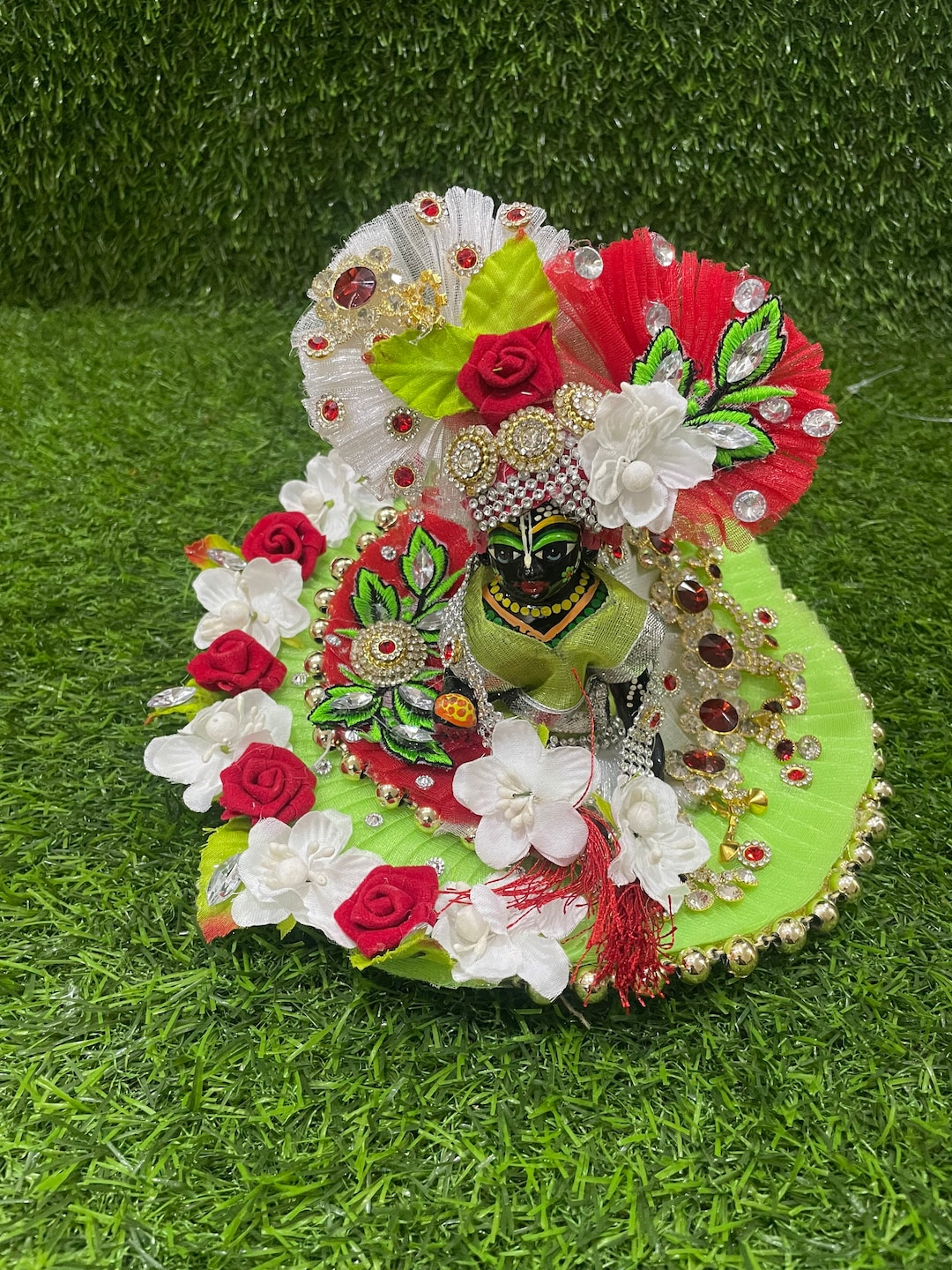 Very Pretty Parrot Green Krishna Dress With Appliqué and Floral Work ...