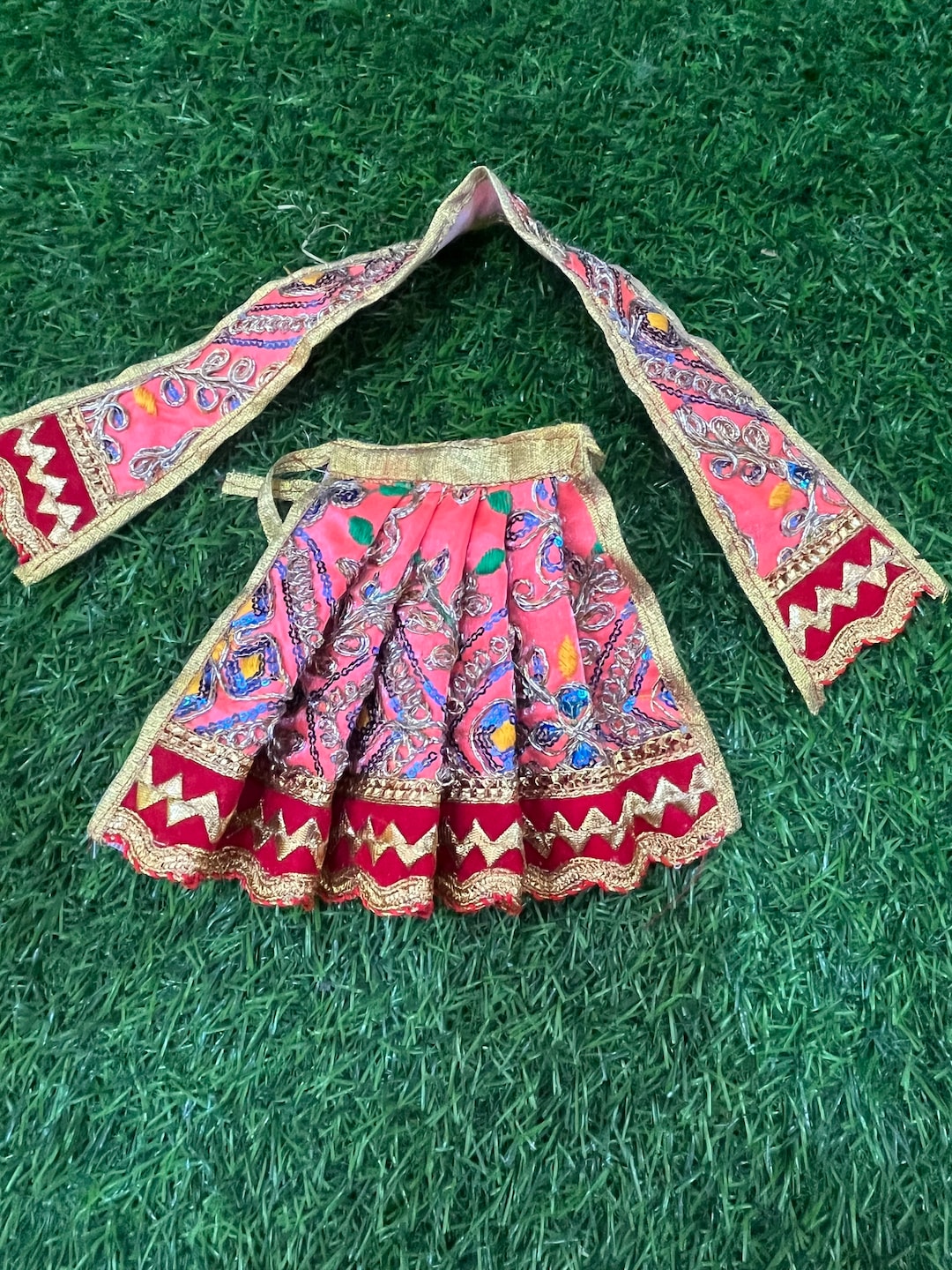 Amazing Ganesh Ji , Radha Rani and Mata Rani Lehenga Patka in Peach ...