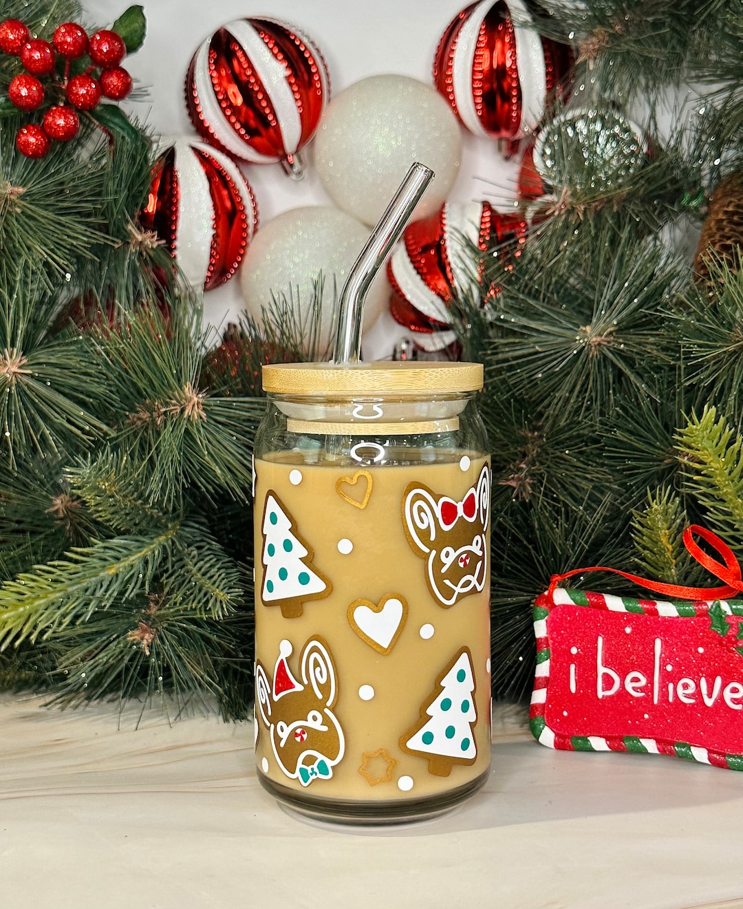 Gingerbread Frenchie Holiday Glass Can, Frenchie Lover Gift, Frenchie ...