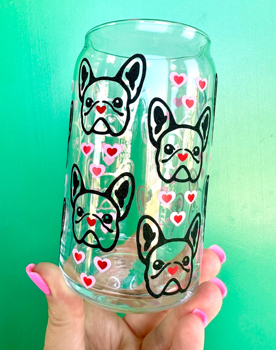 Glitter Frenchie Glass Can, Frenchie Lover Gift, Frenchie Mom Gift ...