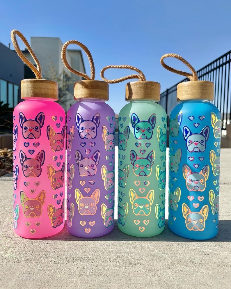 French Bulldog Glass Water Bottle | Color Choice Frenchie Water Bottle ...