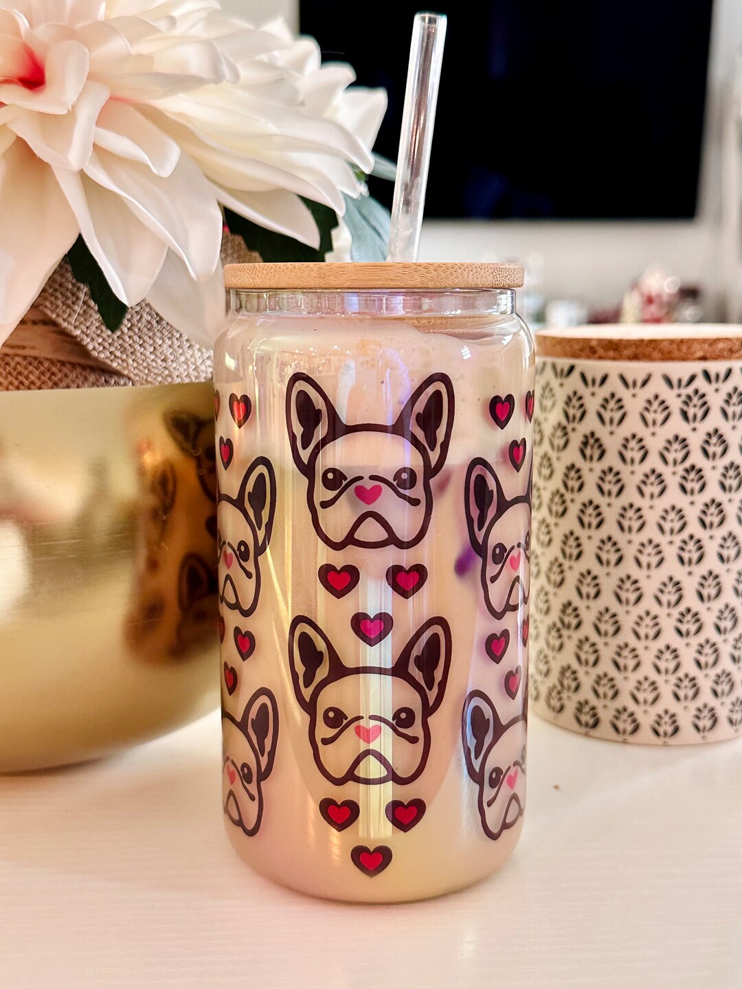 Iridescent Frenchie Glass Can, Frenchie Lover Gift, Frenchie Mom Gift ...