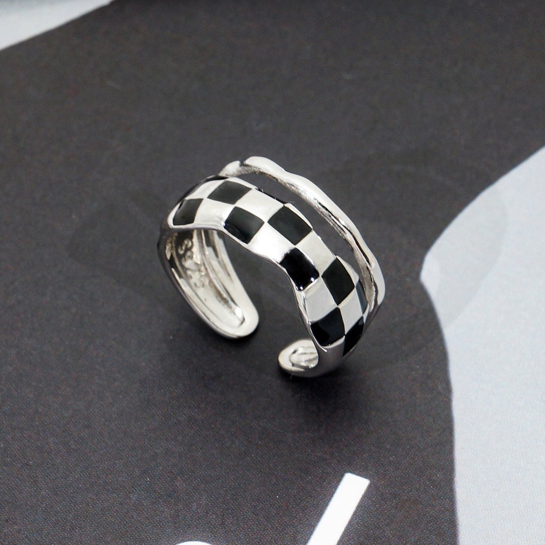 Checkerboard Ring Sterling Silver 925 Ring Texture Women Open Ring ...