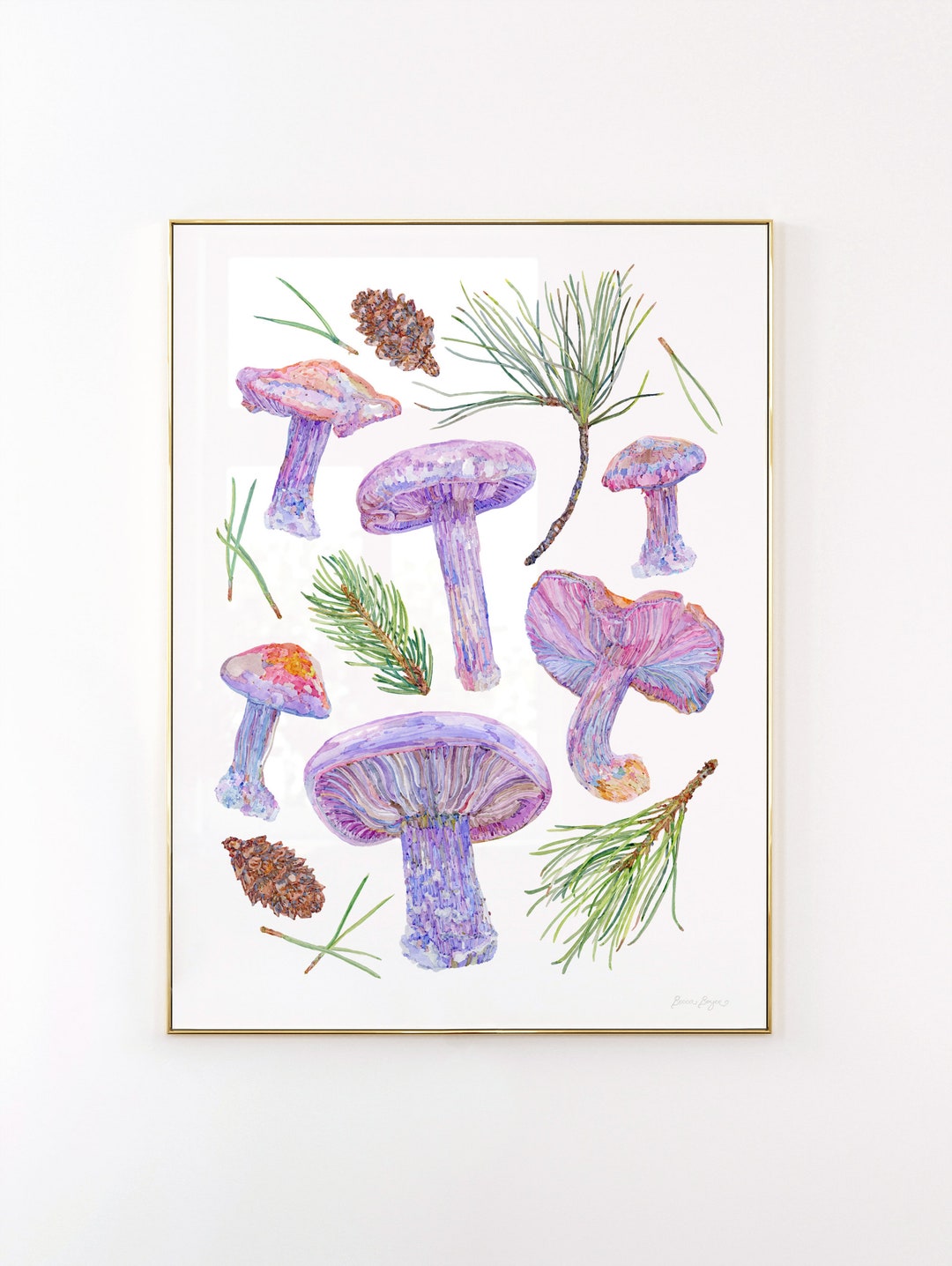 Wood Blewit Mushroom Art Print: Watercolor Fungi, Pine Cones - Etsy
