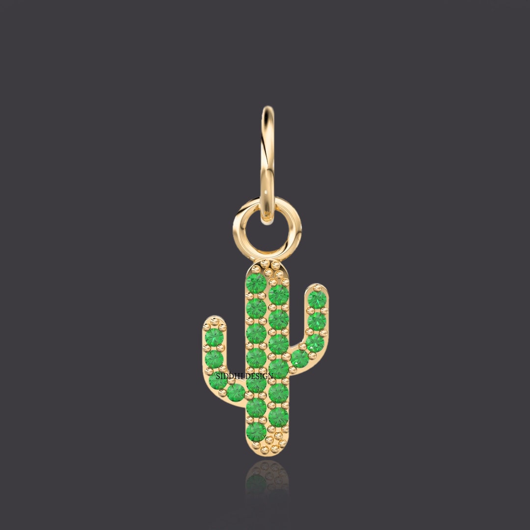 14k Yellow Gold Plated Cactus Plant Charm, Tsavorite Cactus Charm ...