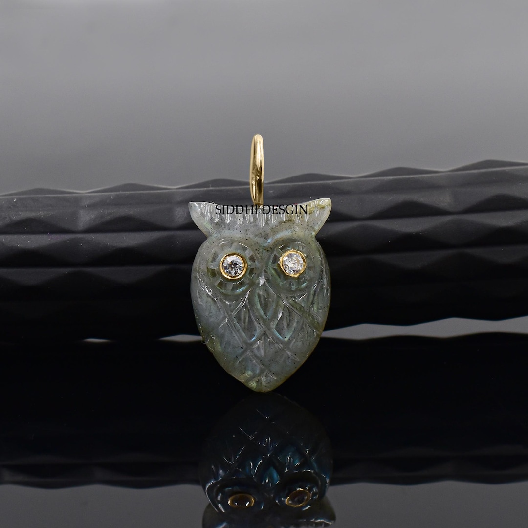 14K Yellow Gold Loop & Eye Labradorite Owl Charm, Woman Lucky Owl Charm ...