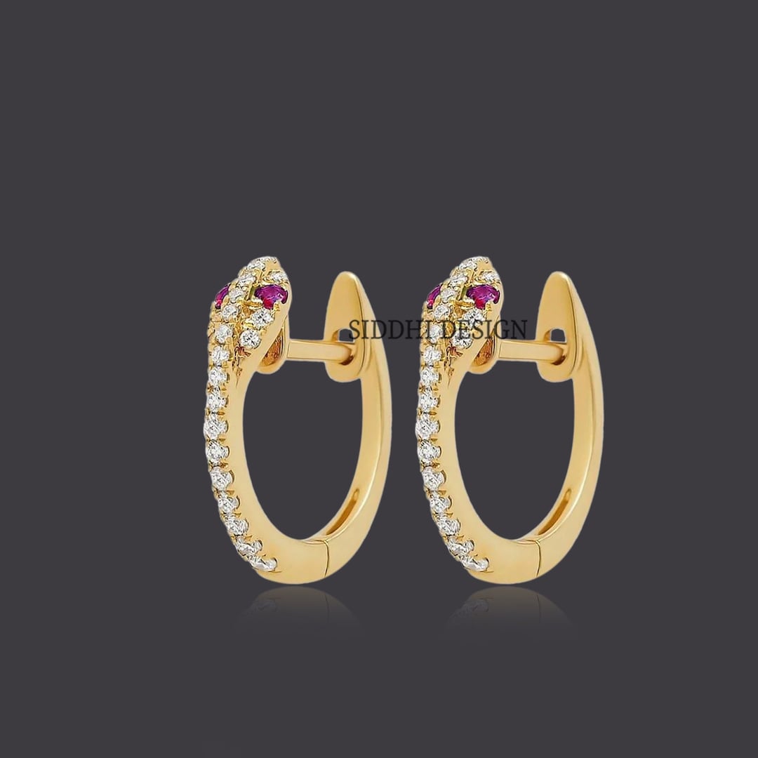 14k Yellow Gold Snake Earring, Diamond & Ruby Snake Hoop Earring, Woman ...