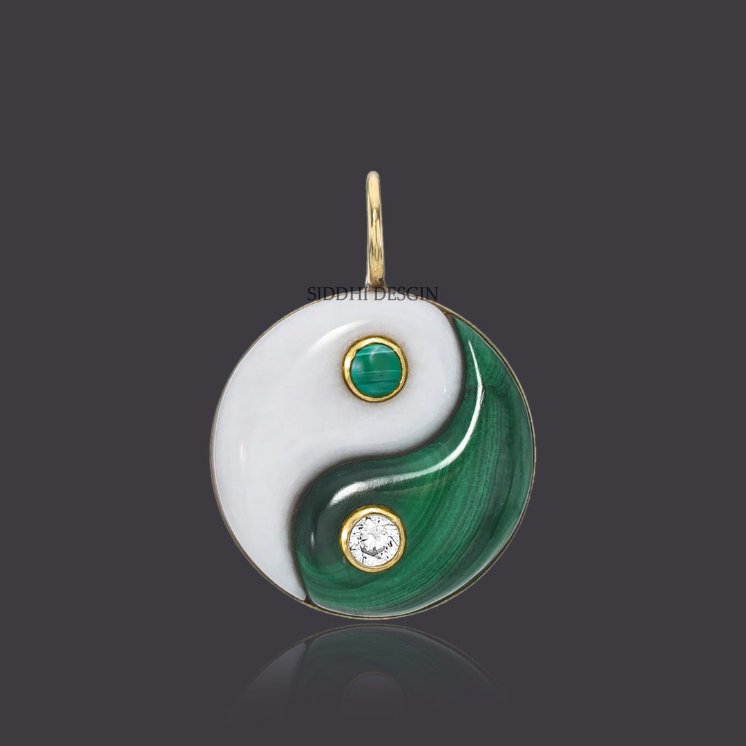 14k Yellow Gold Plated Double Stone Yin Yang Pendant Malachite & White ...