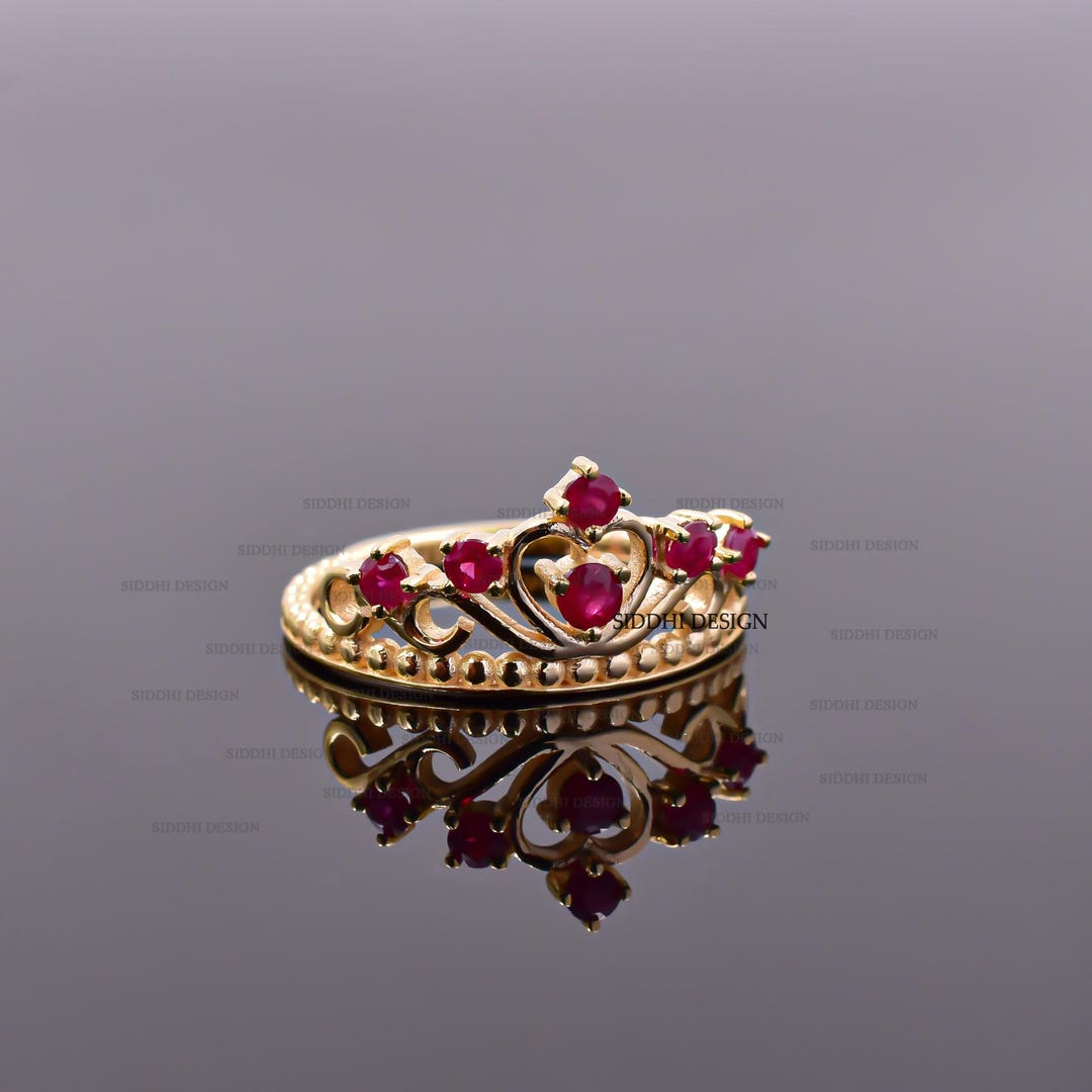 14k Yellow Gold Ruby Crown Tiara Ring, Art Deco Band - Etsy