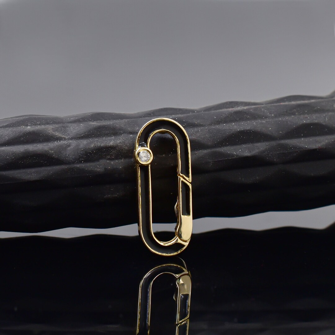 14k Yellow Gold Diamond Oblong Spring Lock, Black Enamel Oval Clasp ...