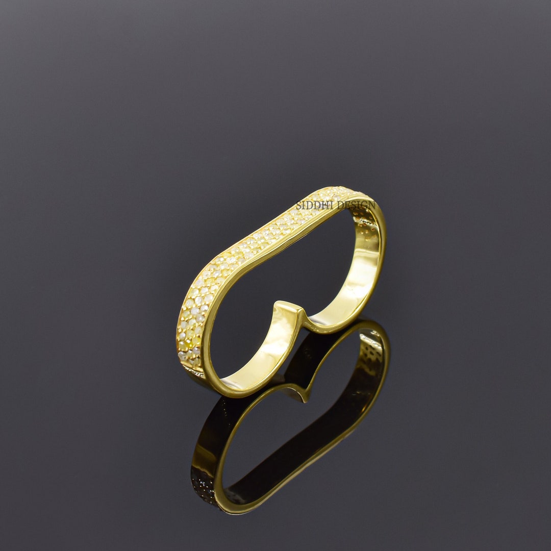 14k Yellow Gold Band Ring, Diamond Two Finger Ring, Woman Art Deco Band ...