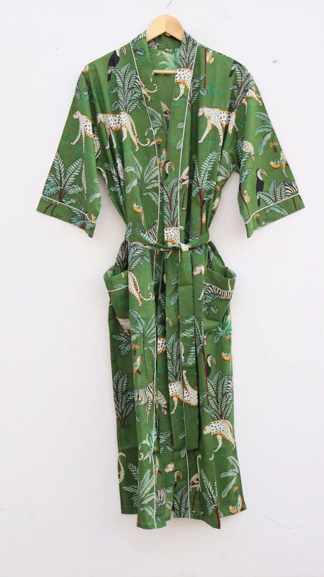 Women's Kimono Robe, Cotton Dressing Gown, Boho Animal Printed Bathrobe ...