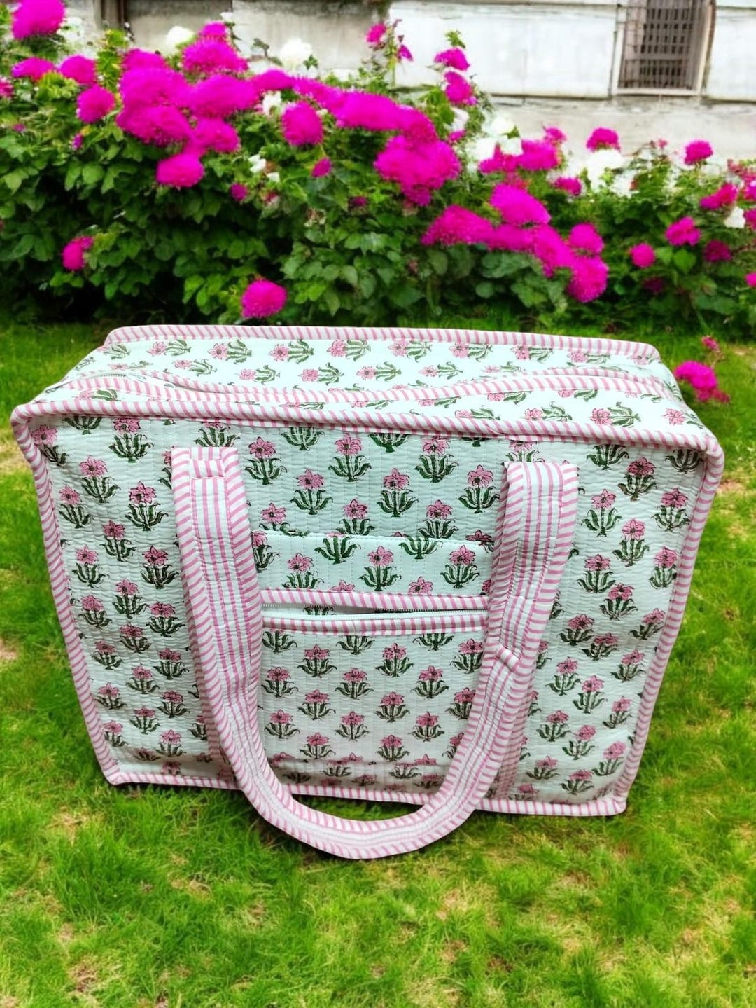 Floral Quilted Tote Bag: Hand Block Print Cotton Travel Bag - Etsy