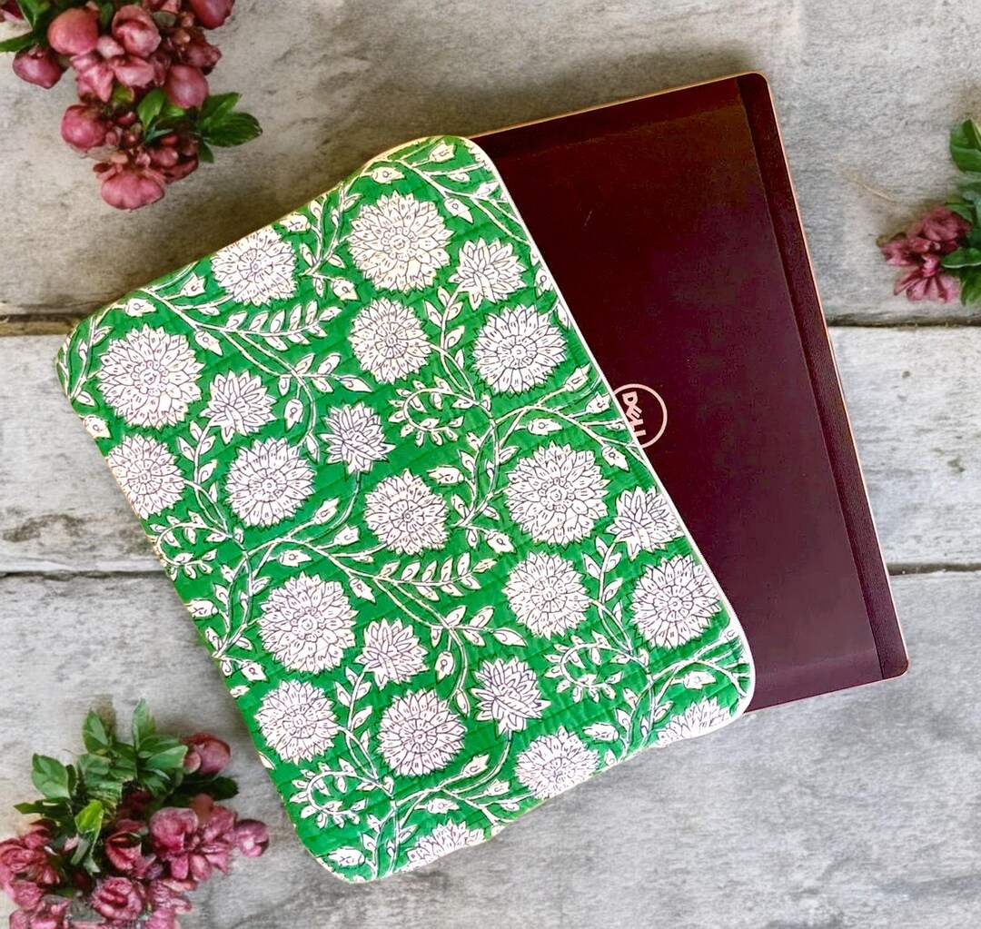 Hand Block Printed Laptop Sleeve: Floral Quilted Cotton MacBook Case - Etsy