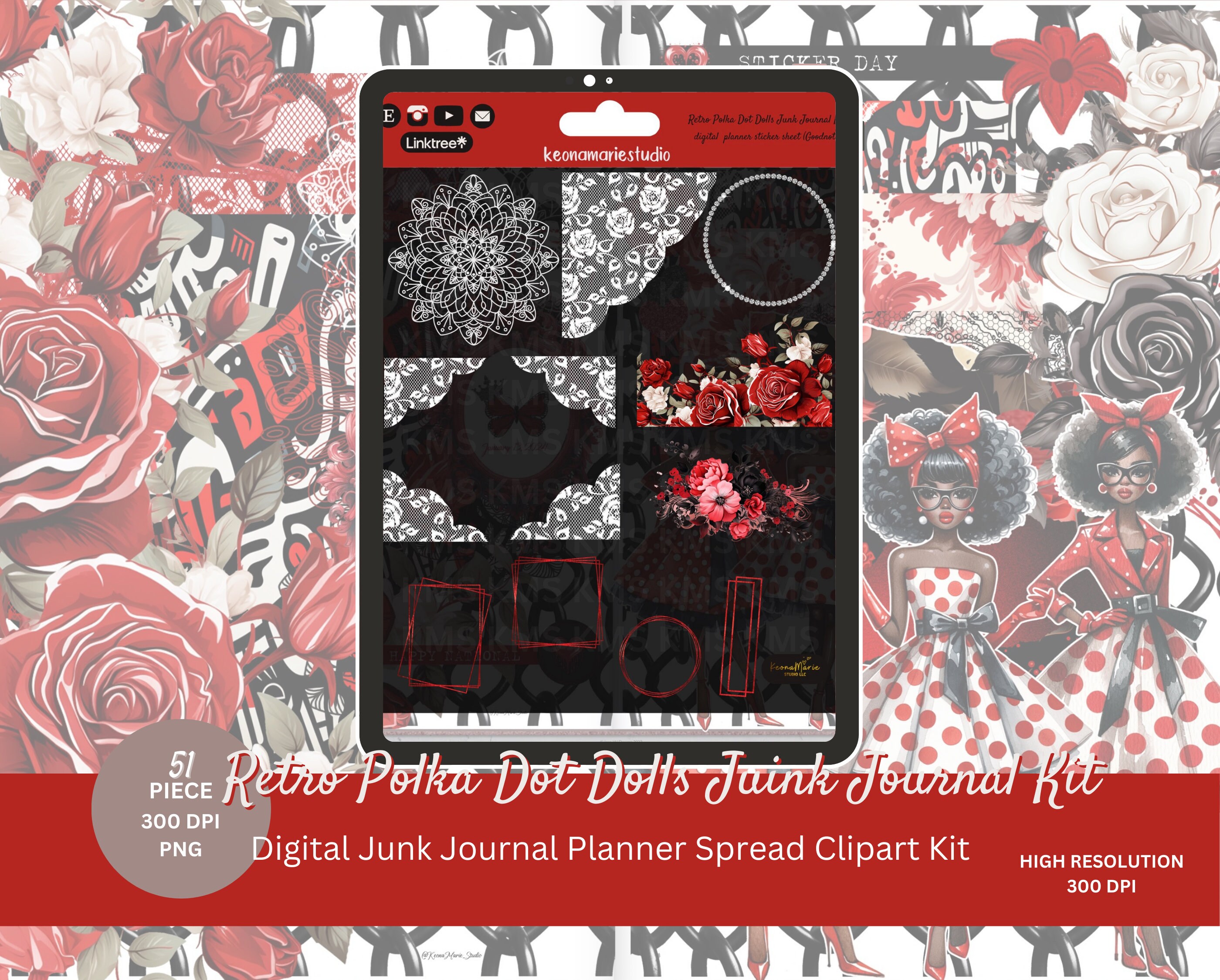 Retro Polka Dot Dolls Digital Junk Journal Kit 51-piece Goodnotes ...