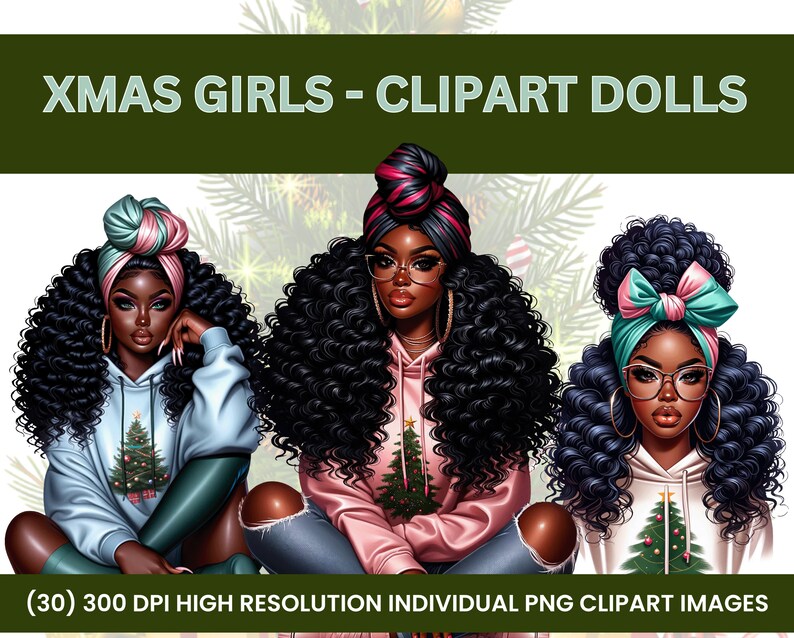 Black Woman Christmas Clipart: African American Girls PNG (instant ...