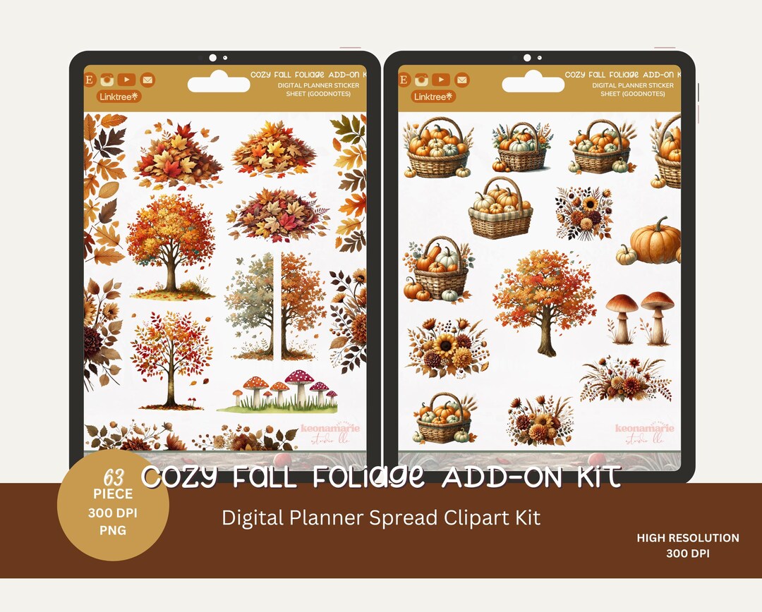 Cozy Fall Foliage| Printable Sticker Kit | 63 PNG Files & 5 Pre-cropped ...