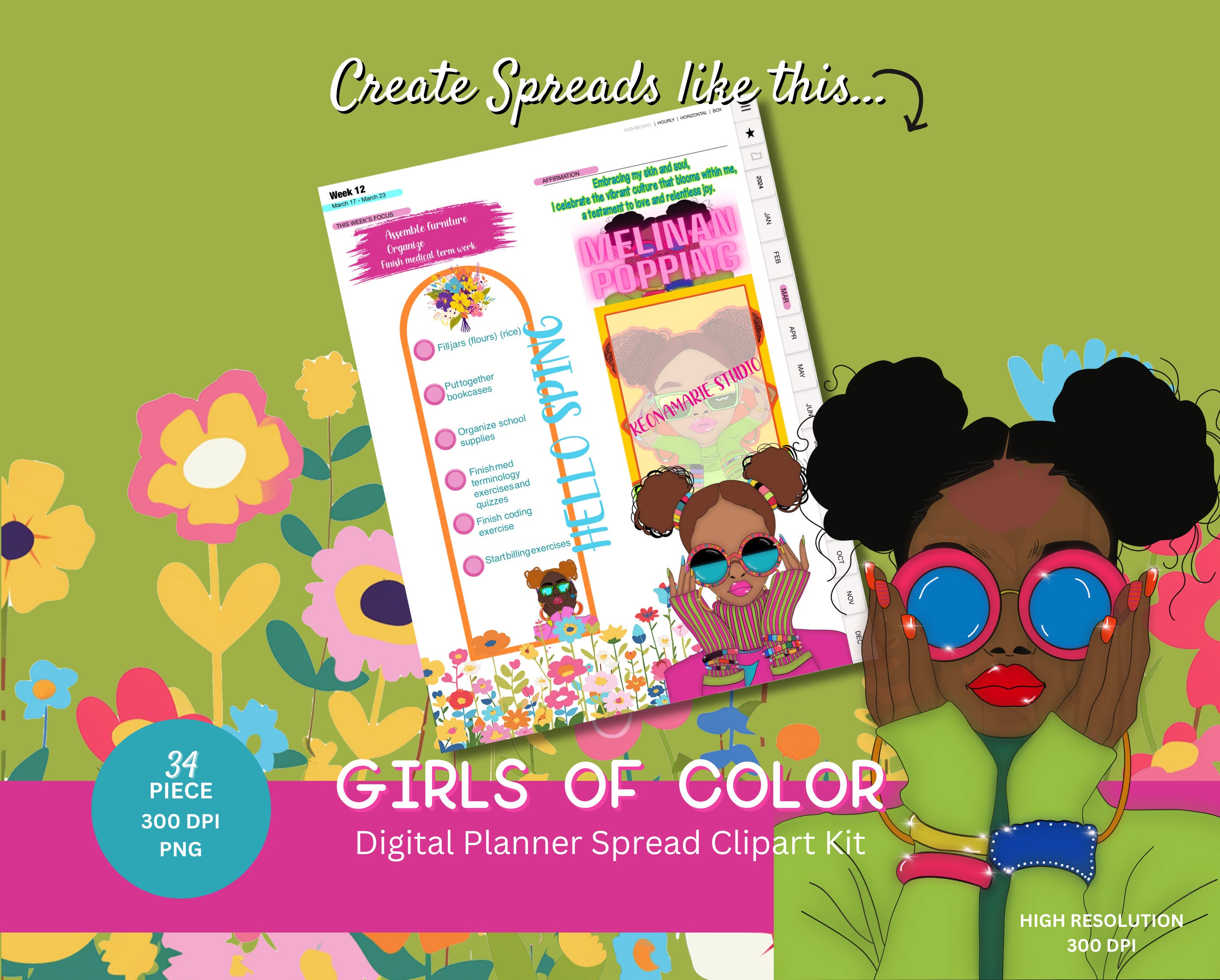 Girls of Color | 34-piece Clipart and Sticker Set for Digital Planners ...