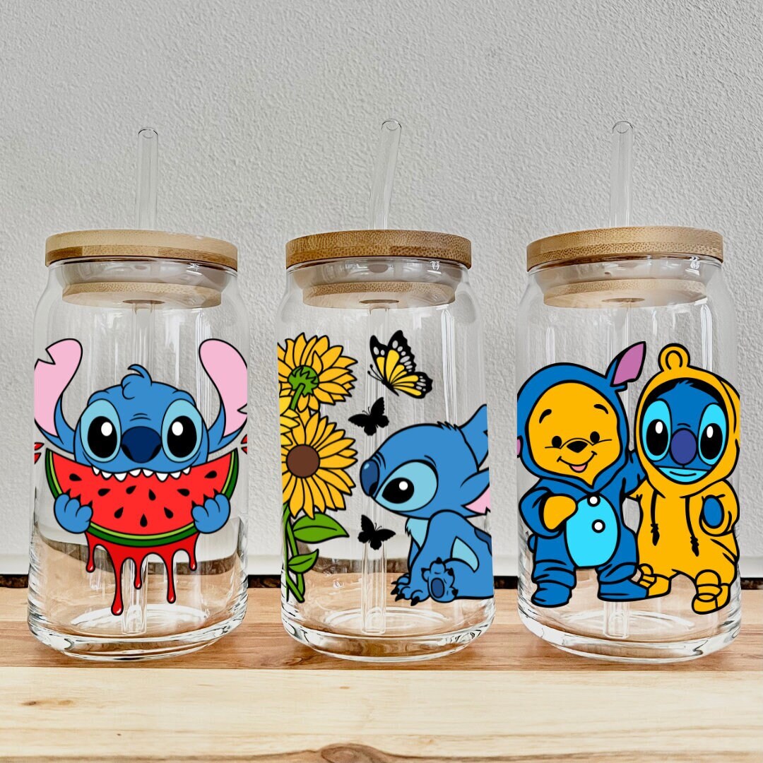 Stitch Disney Iced Coffee/smoothie Glass Cup Designs With Lid and Straw ...