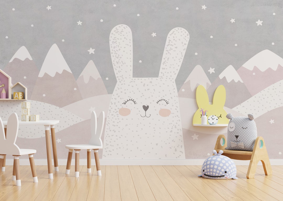 White Cute Rabbits Wallpaper, Kids Wallpaper Peel and Stick, Nursery ...