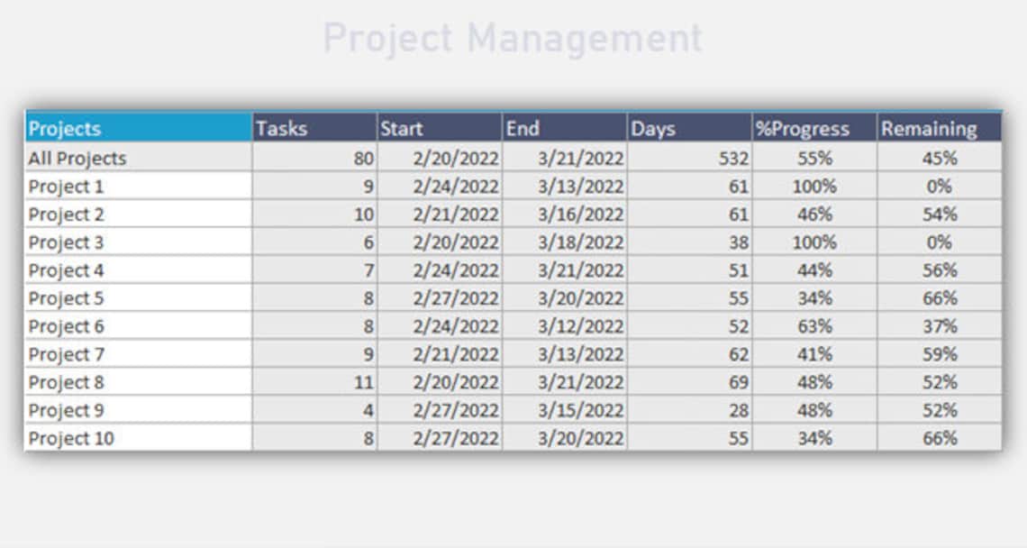 Simple Project Management Dashboard Excel Template - Etsy