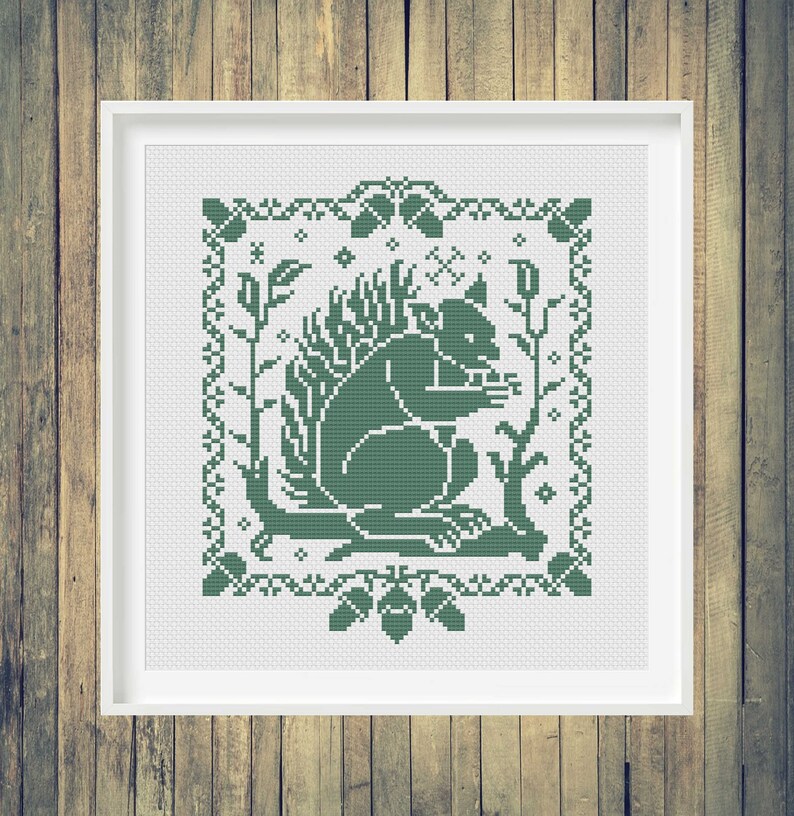 Squirrel Square Cross Stitch Sampler Antique Monochrome Cross - Etsy