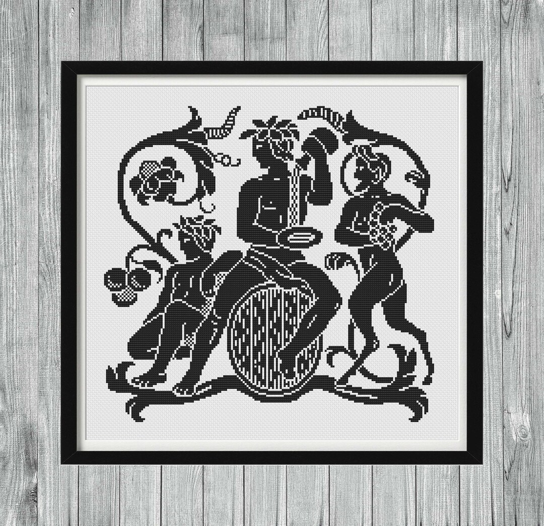 Dionysus, Pan, Bacchus Cross Stitch Sampler, Antique Monochrome Chart ...