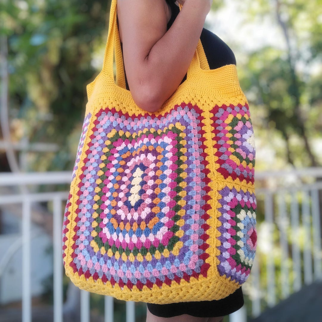 Crochet Granny Square Beach Bag: Handmade Cotton Boho Tote - Etsy