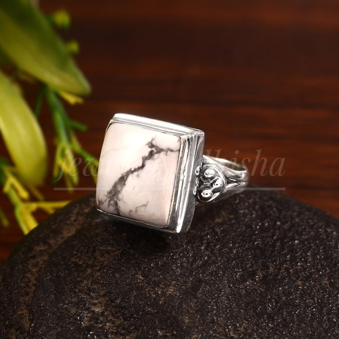 Howlite Ring-925 Sterling Silver Ring-natural Gemstone-white Black Ring ...