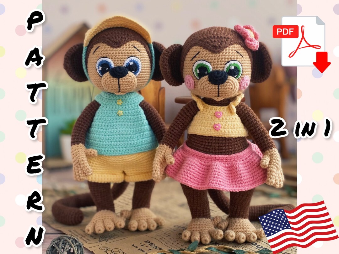 Crochet Pattern Doll Monkeys Girl and Boy. Tutorial Monkeys in English ...