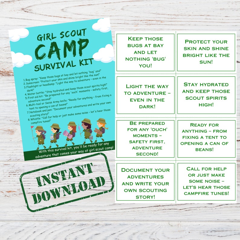 Girl Scout Camp Survival Kit Gift Tags | Girl Scout Camp Treat Bag Tag ...