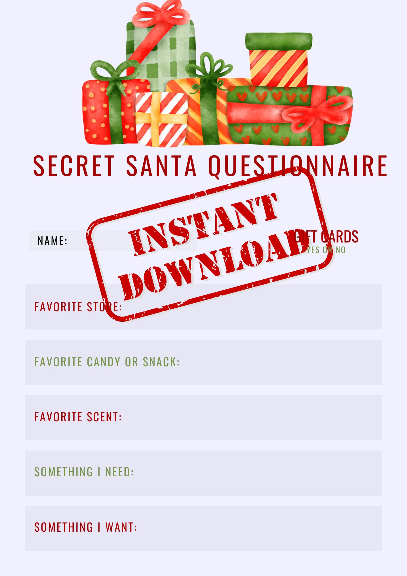 Christmas Secret Santa Printable| Secret Santa Questionnaire| Gift ...