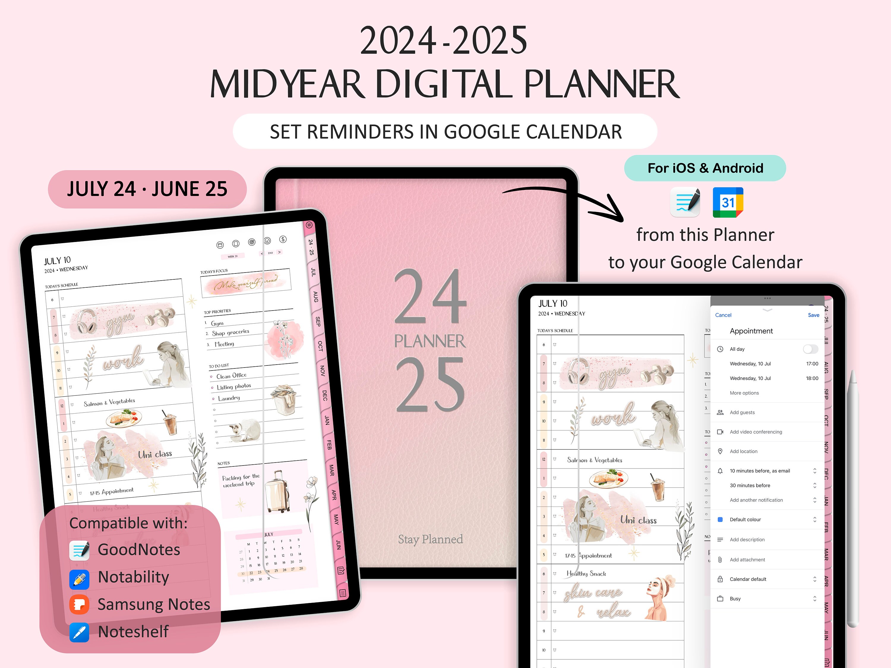 2024 2025 Mid Year Digital Planner, SET REMIENDERS in Google Calendar ...