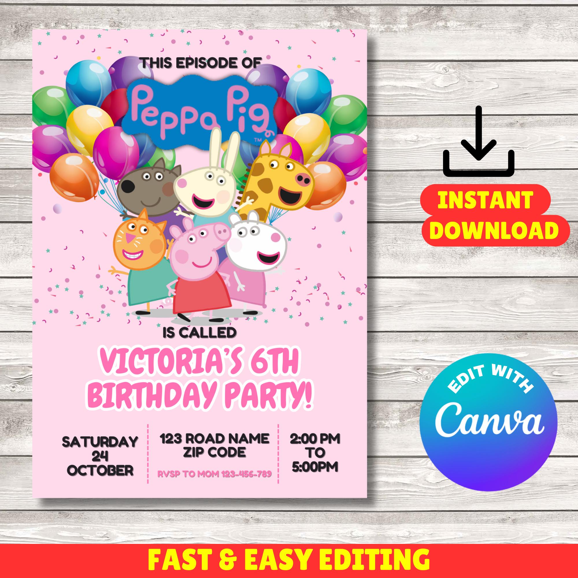 Editable Peppa Pig Birthday Invitation, Pig Girl Digital Birthday ...