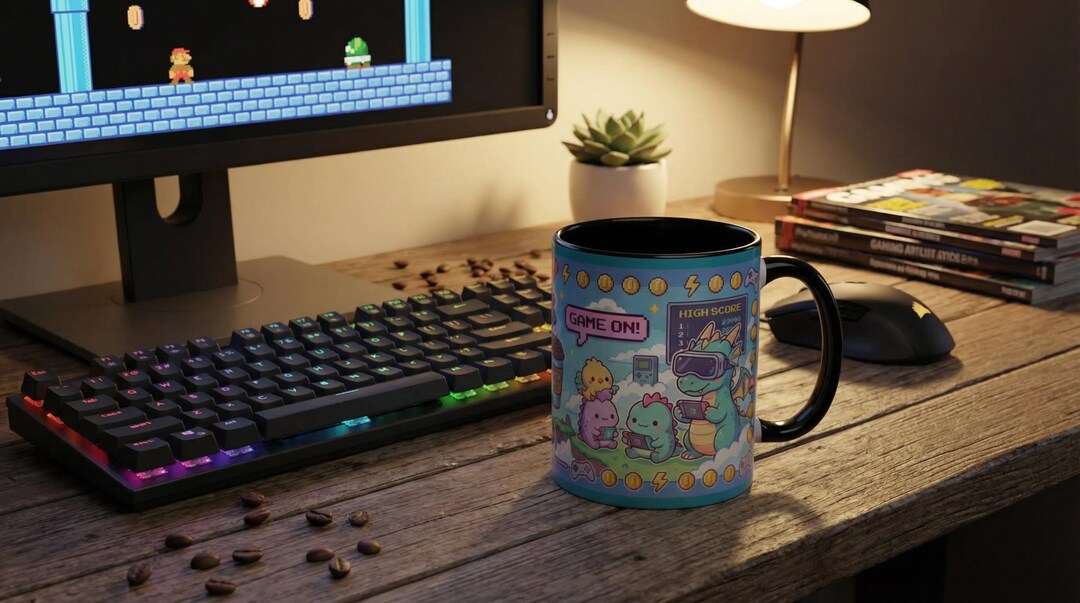 Kawaii Gamer Dino Mug | Cute Retro Dinosaur Gaming Cup | 8-bit Arcade ...