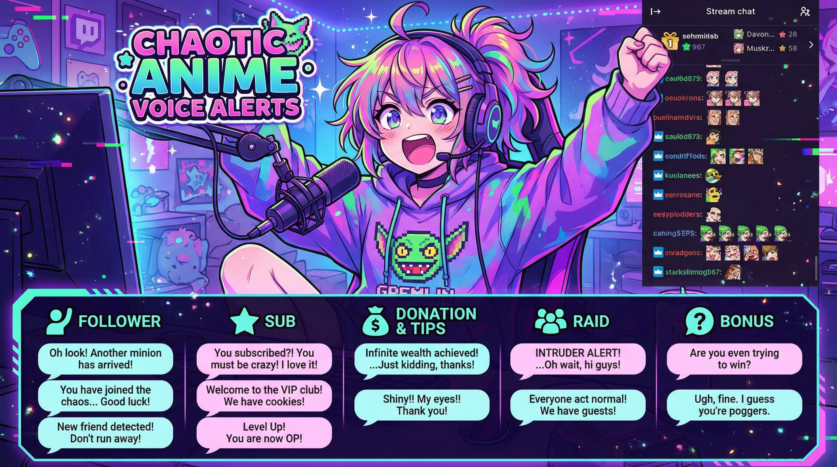 Chaotic Anime Voice Alerts for Twitch | Cute Gremlin Gamer Sound Pack ...