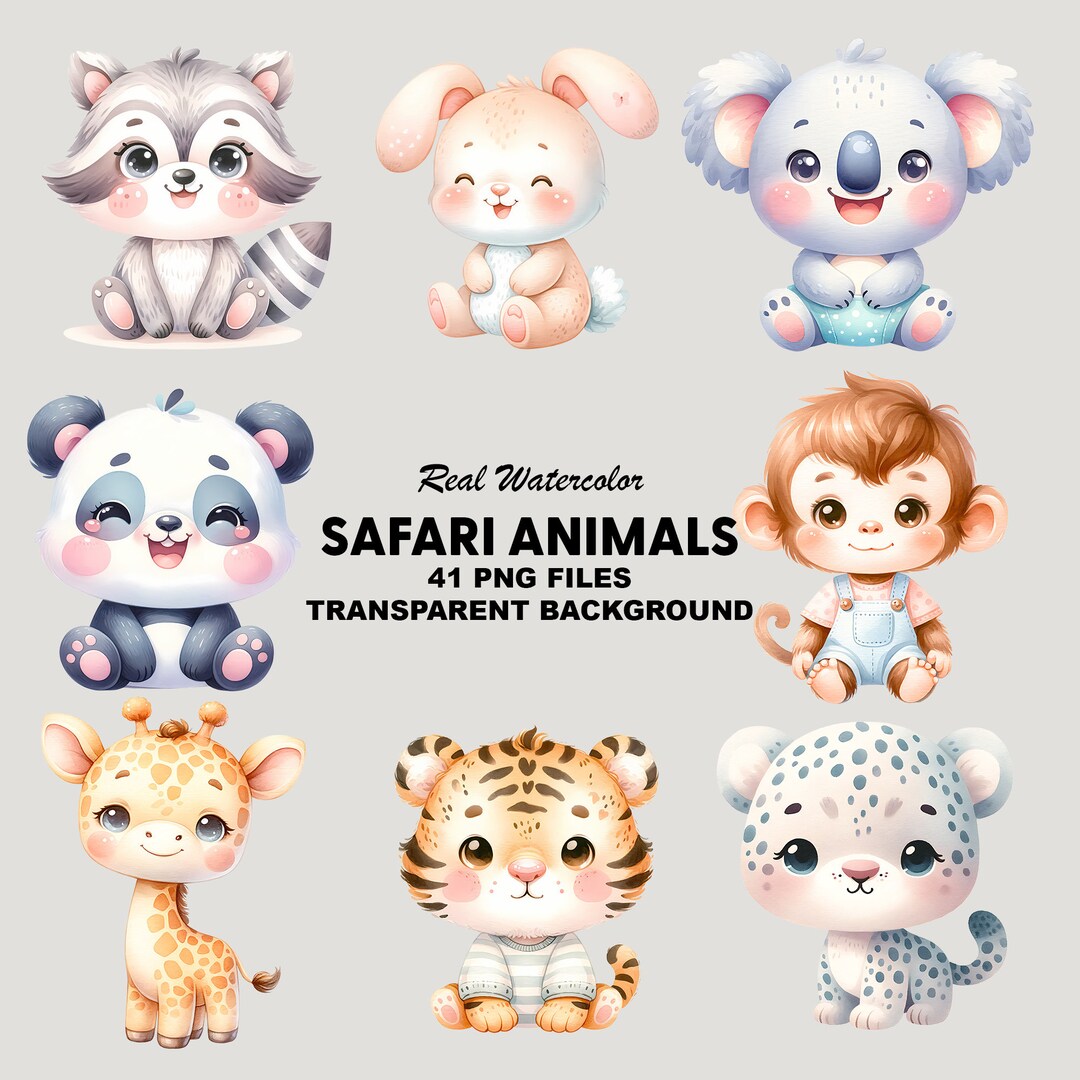 Baby Safari Animals Clipart, Watercolor Jungle Animal PNG, Cute Wild ...